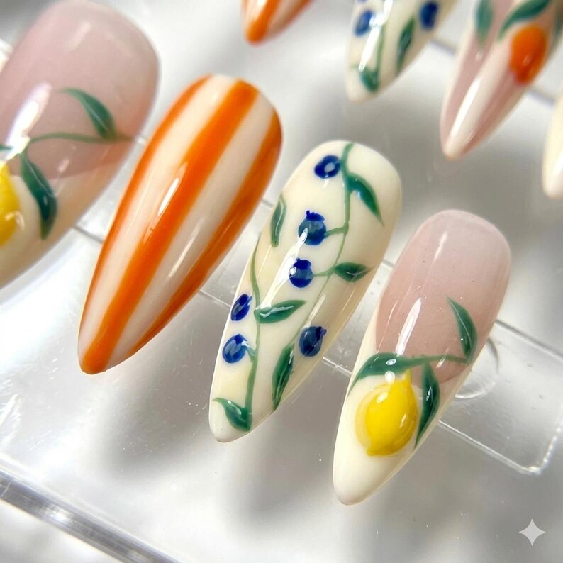 Mediterranean Fruit Press on Nails: Lemon Orange Blueberry Fake Nails ...