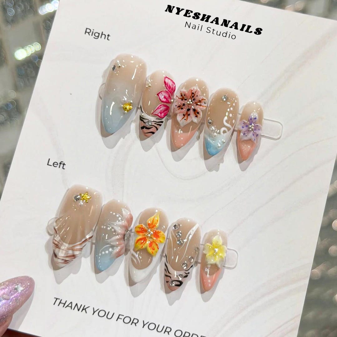 Tropical Beach Press on Nails: 3D Flower Seashell Fake Nails ...