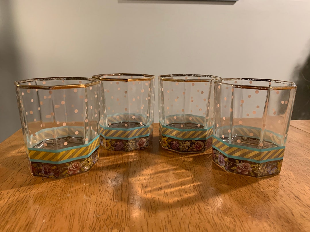 Glass Tumblers Mackenzie-childs Garland Floral With Pink Polka Dots Set ...