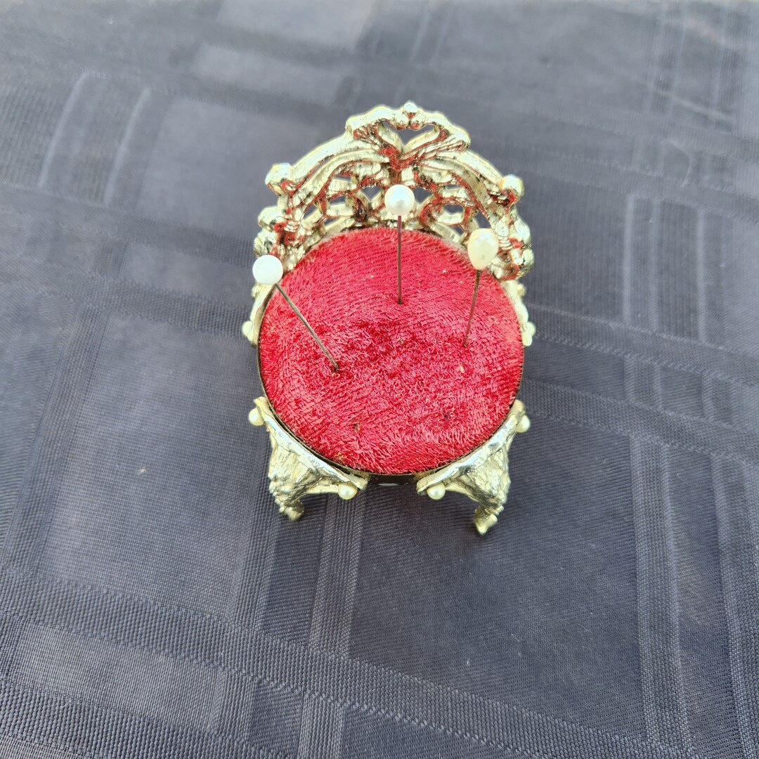 Vintage Pin Cushion Gold Tone Metal Chair Red Velvet Cushion Pearl ...