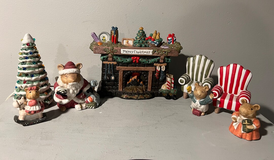 Vintage Christmas Night Fireplace Light Set Mouse 8 Piece Hand Painted ...