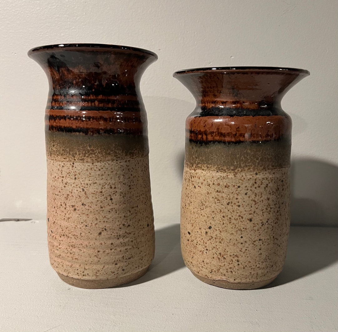 Pottery Vases Earthtones Signed Tostoe Set of 2 - Etsy