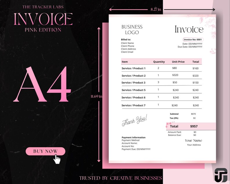 Pink Invoice Template Canva | A4 & US Letter | Editable Instant ...