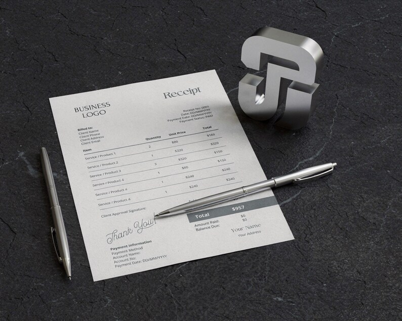 Editable Receipt Template Canva | A4 + US Letter | Minimal Black ...