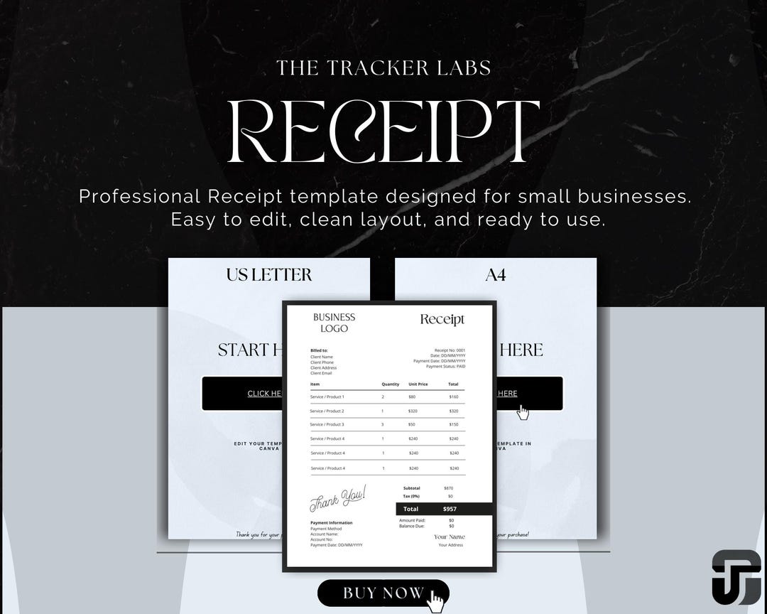 Editable Receipt Template Canva | A4 + US Letter | Minimal Black ...
