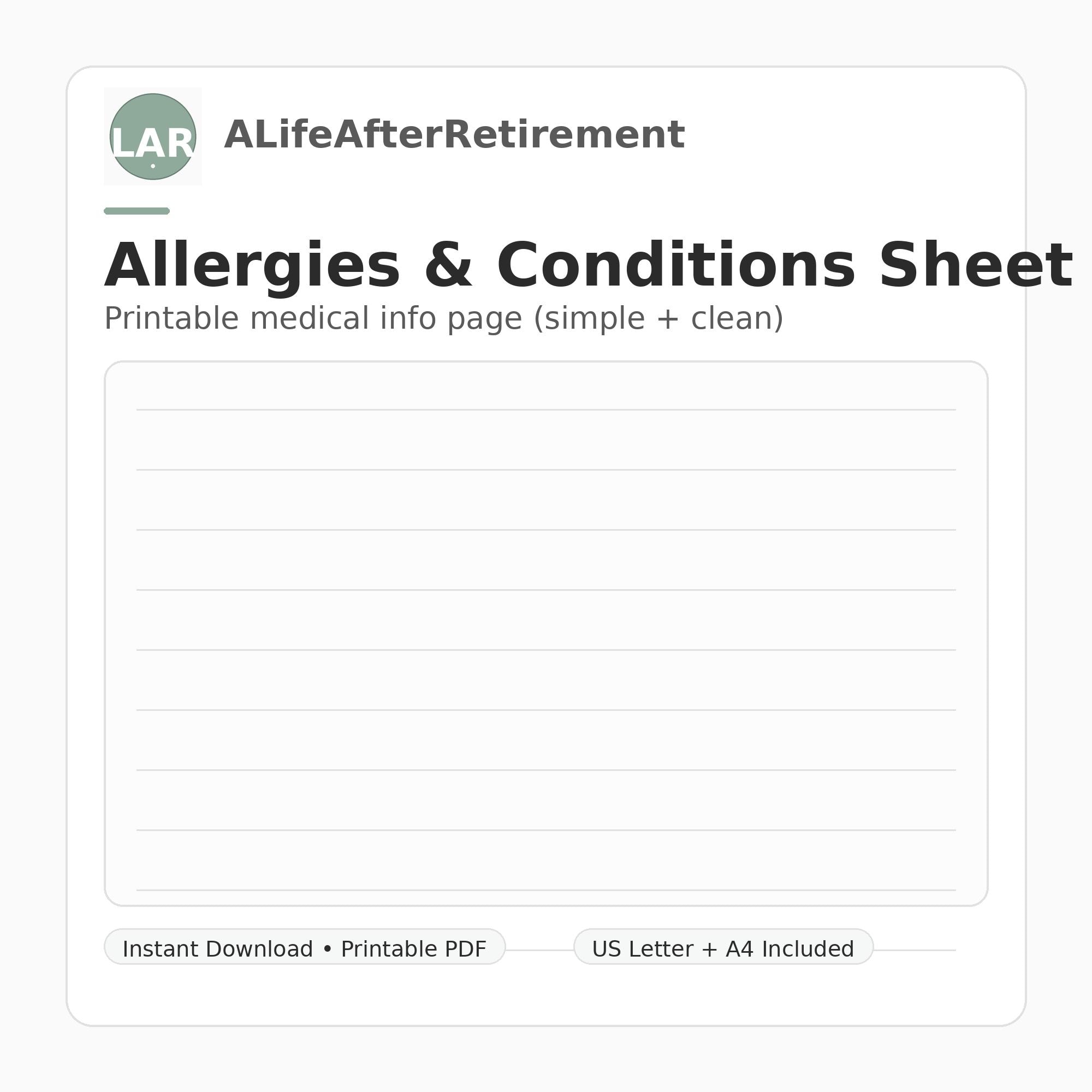 Allergies & Conditions Sheet Printable | Medical Info Page | Caregiver ...