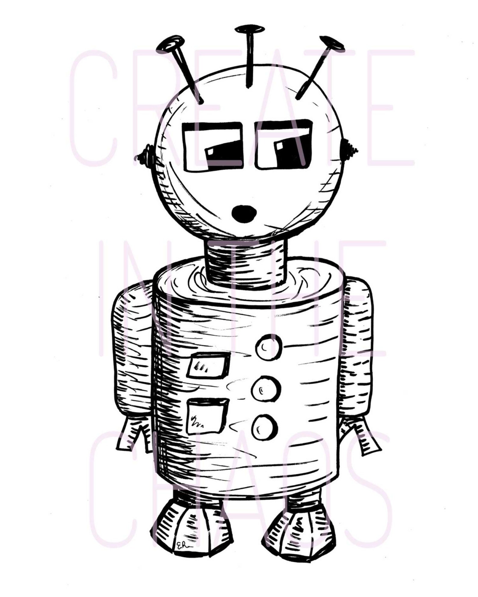 Printable Robot Art Print - 3 Set of Black and White Digital Sketches ...