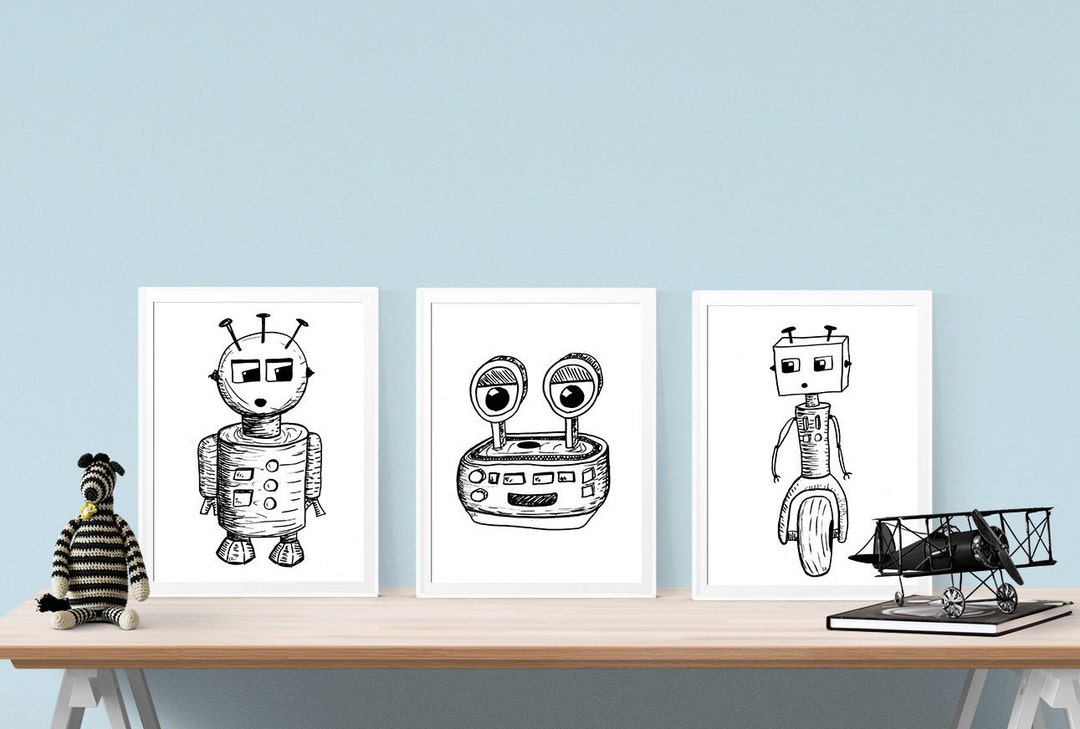 Printable Robot Art Print - 3 Set of Black and White Digital Sketches ...