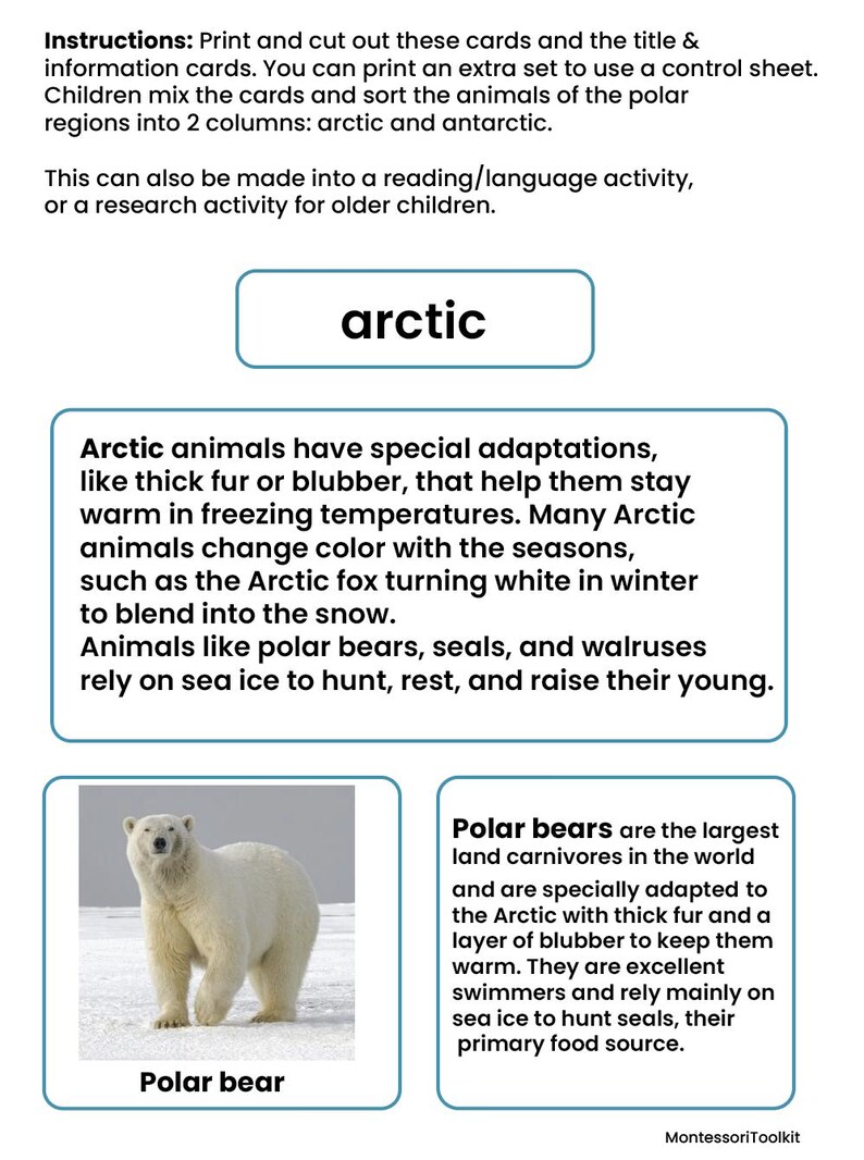 Arctic and Antarctic Animals Montessori Activity, Polar Regions Animal ...