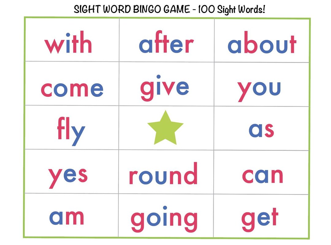 Sight Word Bingo Game, 100 Words, Montessori Kindergarten (printable ...