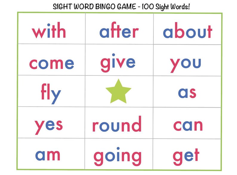 Sight Word Bingo Game, 100 Words, Montessori Kindergarten (printable ...