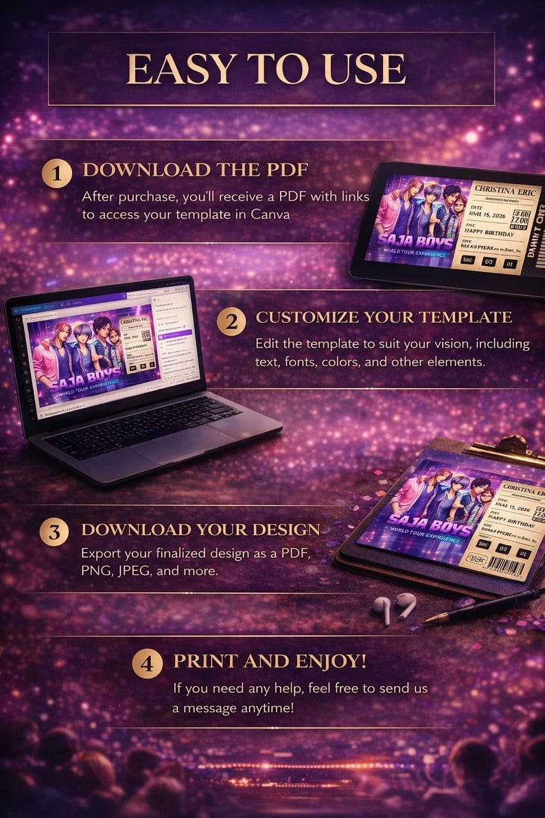 K-POP Editable Concert Ticket Canva Template | 4 Designs | Printable ...