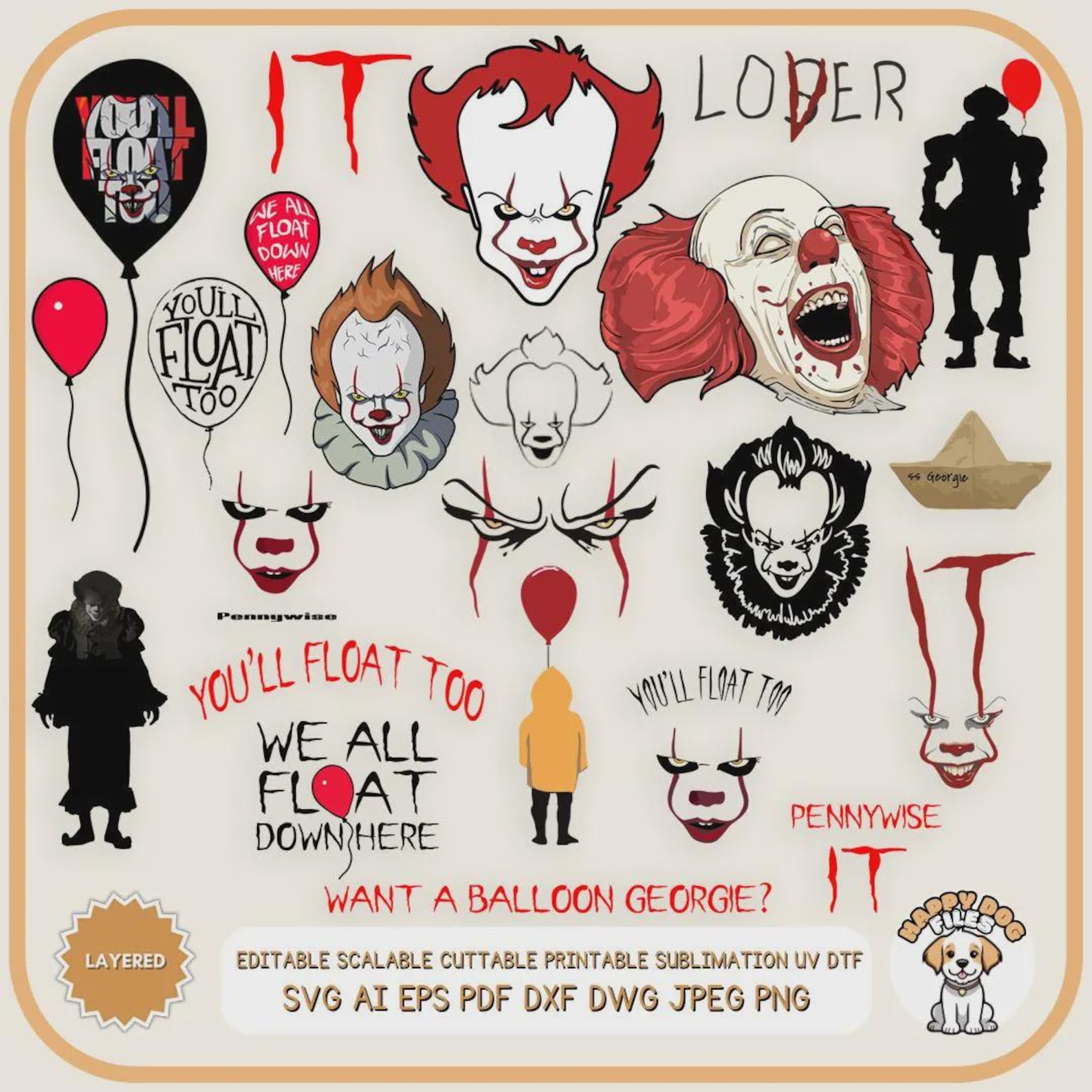 Pennywise It Clown SVG Bundle Files Layered, Horror Halloween Clipart ...