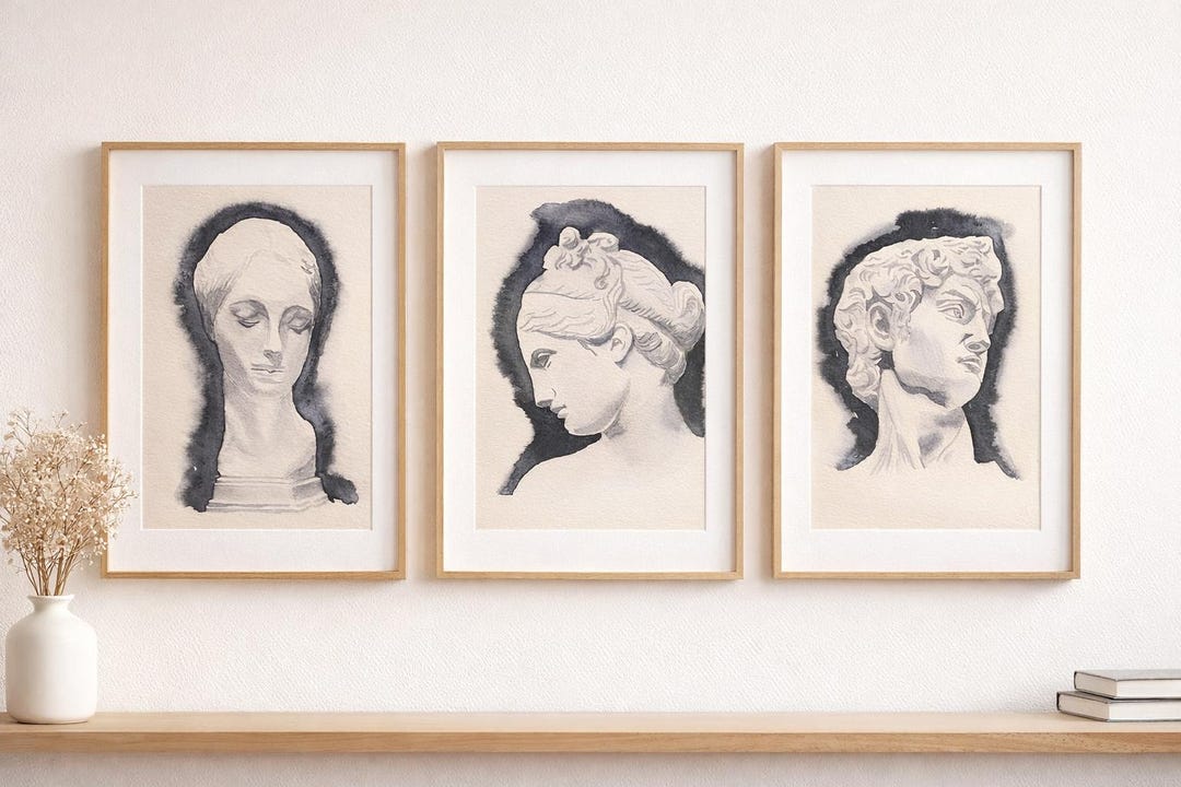 Greek Bust Watercolor Set of 3 – Classical Sculpture Portraits, Hand ...
