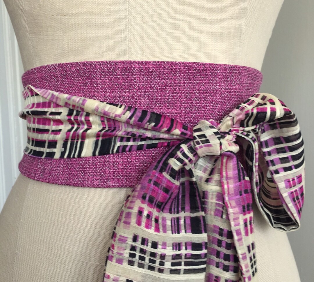 Pink Tweed Print Obi Sash, Tan Print Pink Fabric Belt, Reversible ...