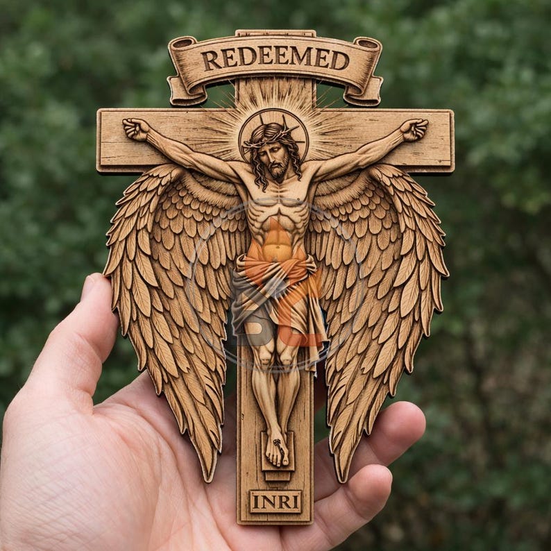 Redeemed Crucifix Engraving Design – Jesus Christ With Angel Wings on ...