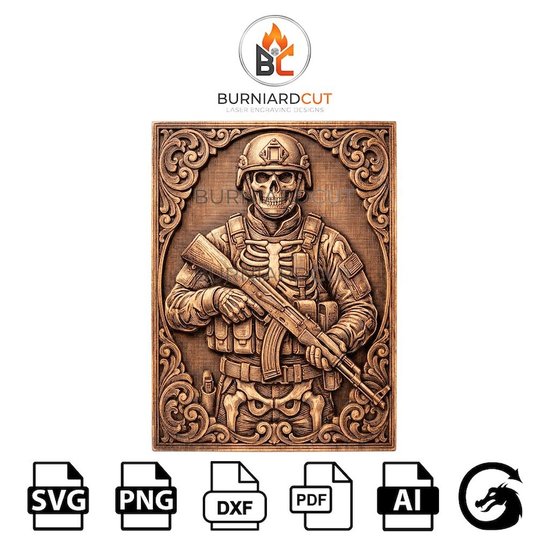 Skeleton Soldier Portrait – 3D Illusion Laser Engraving Design | War ...