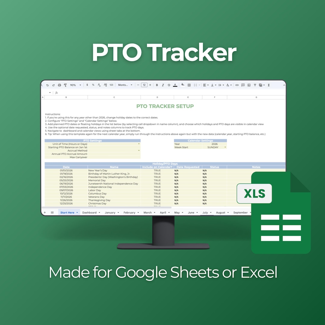PTO Tracker Spreadsheet Template | Vacation Planner & Paid Time off ...