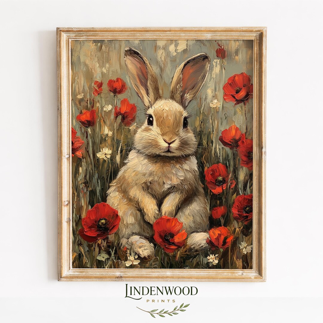 Cottagecore Rabbit Printable Painting, Rustic Brown Bunny With Red ...