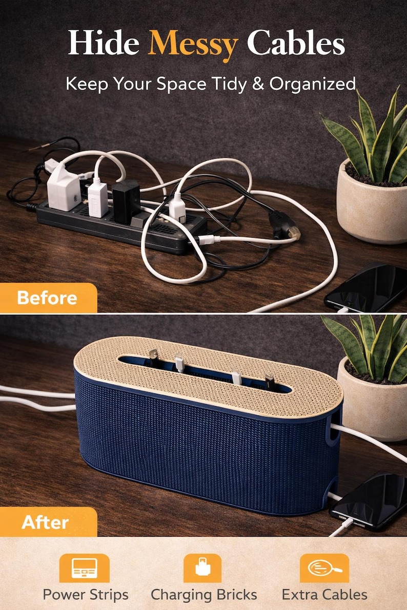 Sumivault Cable Organizer Box – Hidden Cord Storage, Modern Power Strip ...
