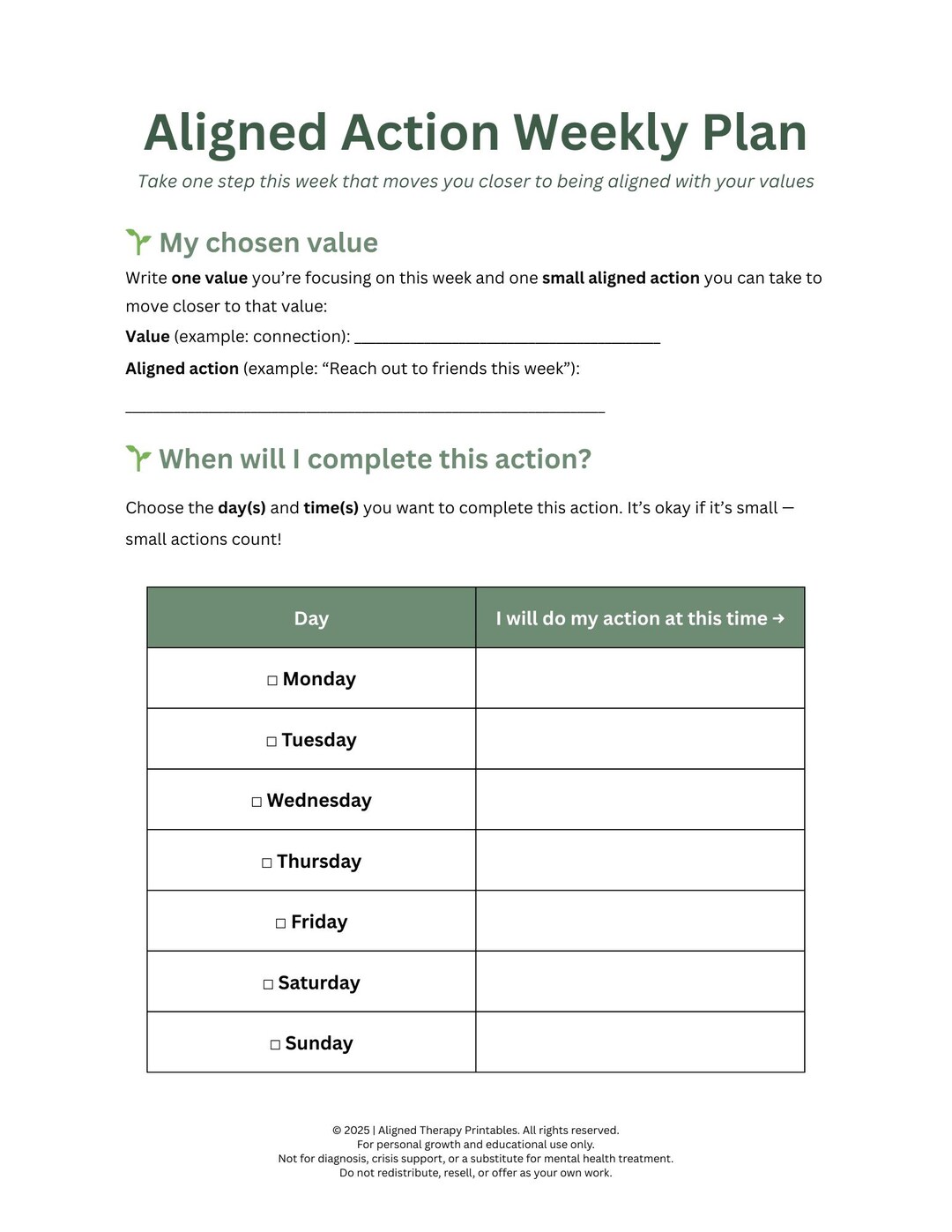 Aligned Action Weekly Plan | Therapy Printable for Values-based Goal ...