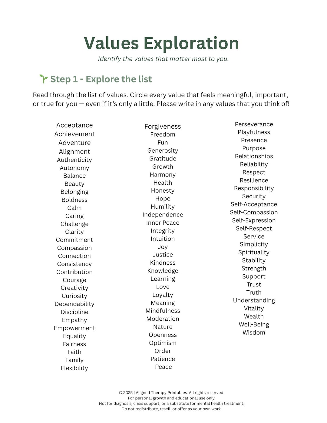 Values Exploration Worksheet | Therapy Printable for Identifying Core ...