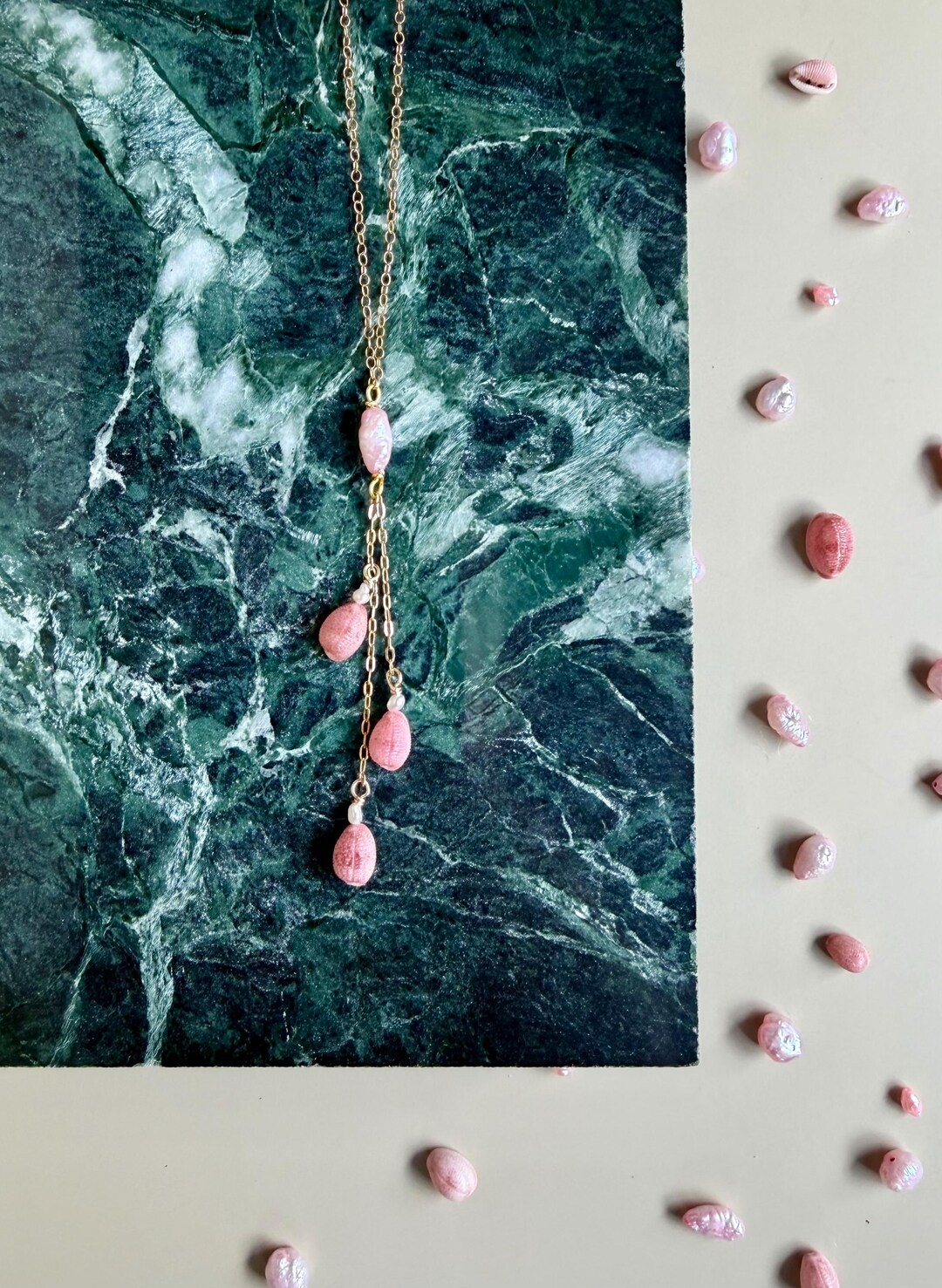 Pink Cowrie Shell Necklace, Freshwater Pearls, 14k Gold Filled ...