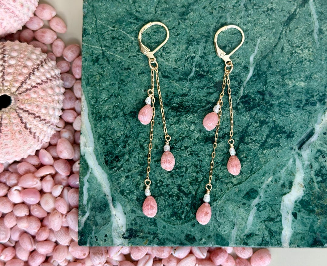 Real Pink Cowrie With Freshwater Pearls Dangle Earring, 14k Gold Fill ...