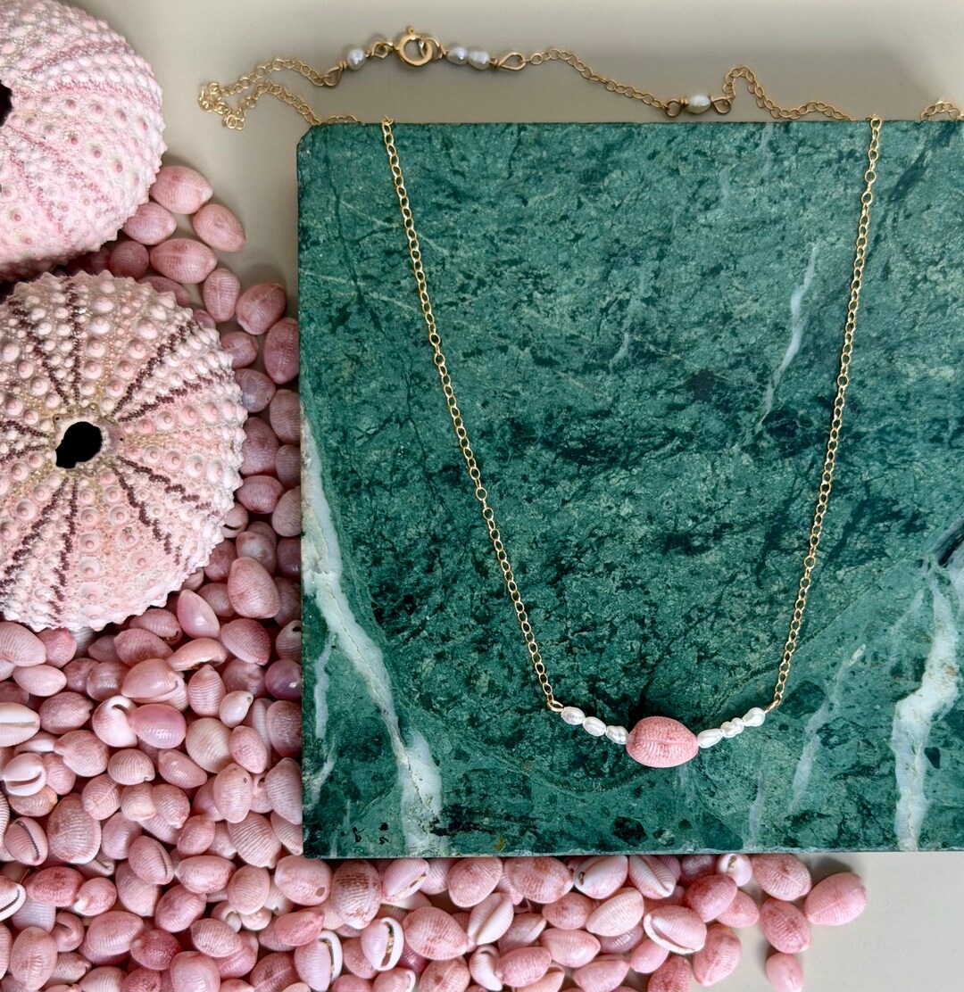 Real Pink Cowrie & Freshwater Pearl Necklace, One of a Kind, 14k Gold ...