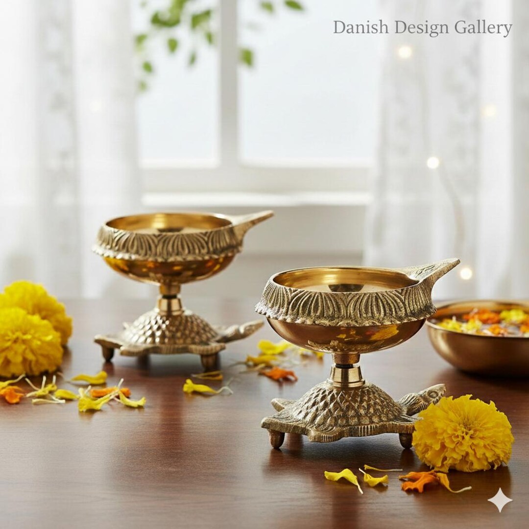 Danish Design Gallery Brass Diya With an Engraved Design and a Turtle ...