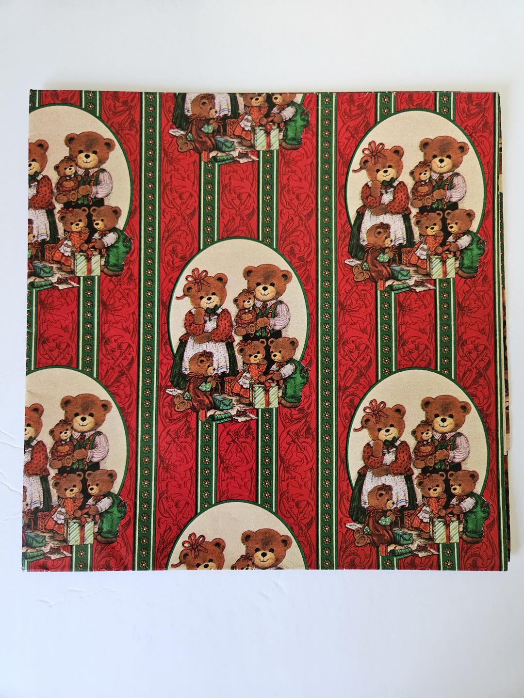 Vintage Christmas Wrapping Paper Sheet | Teddy Bear Family | 1980s ...