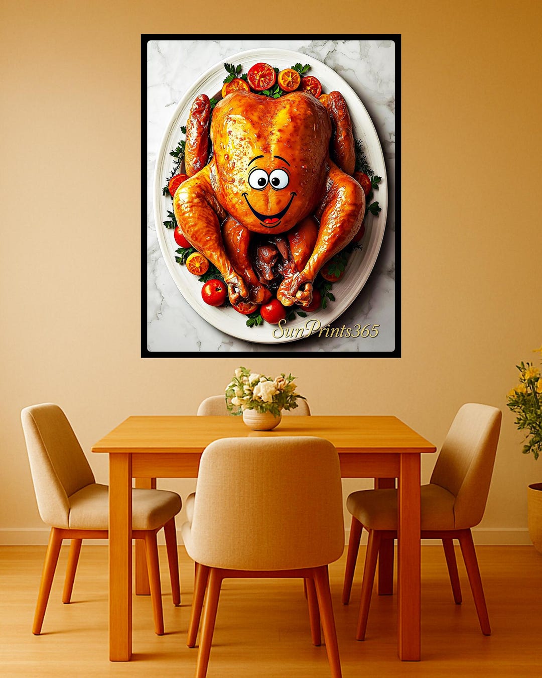 Happy Roast Chicken Plate Illustration Kitchen Wall Art Printable ...