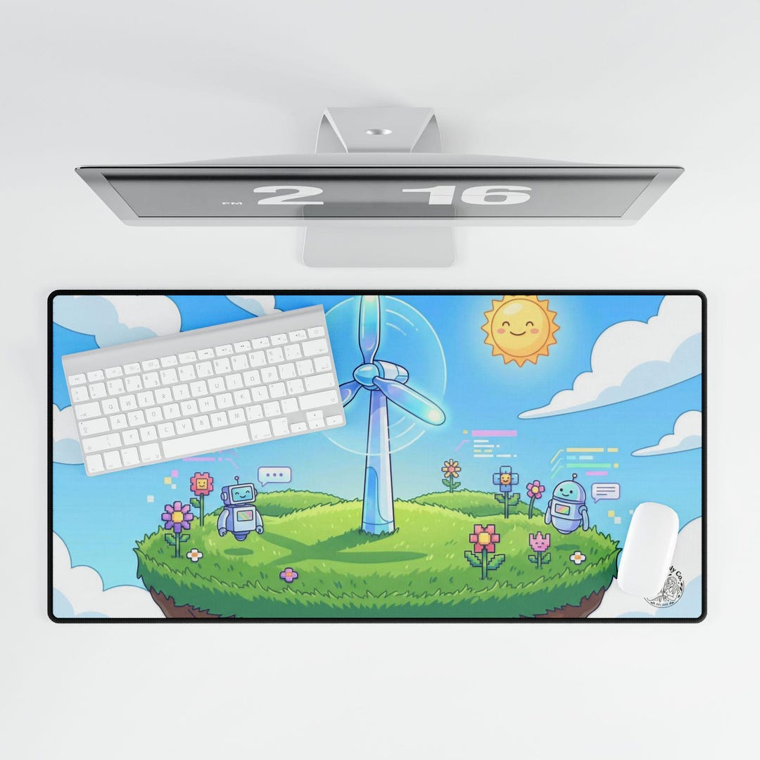 Cute Wind Turbine and Robots Desk Mat | Renewable Energy Illustration ...