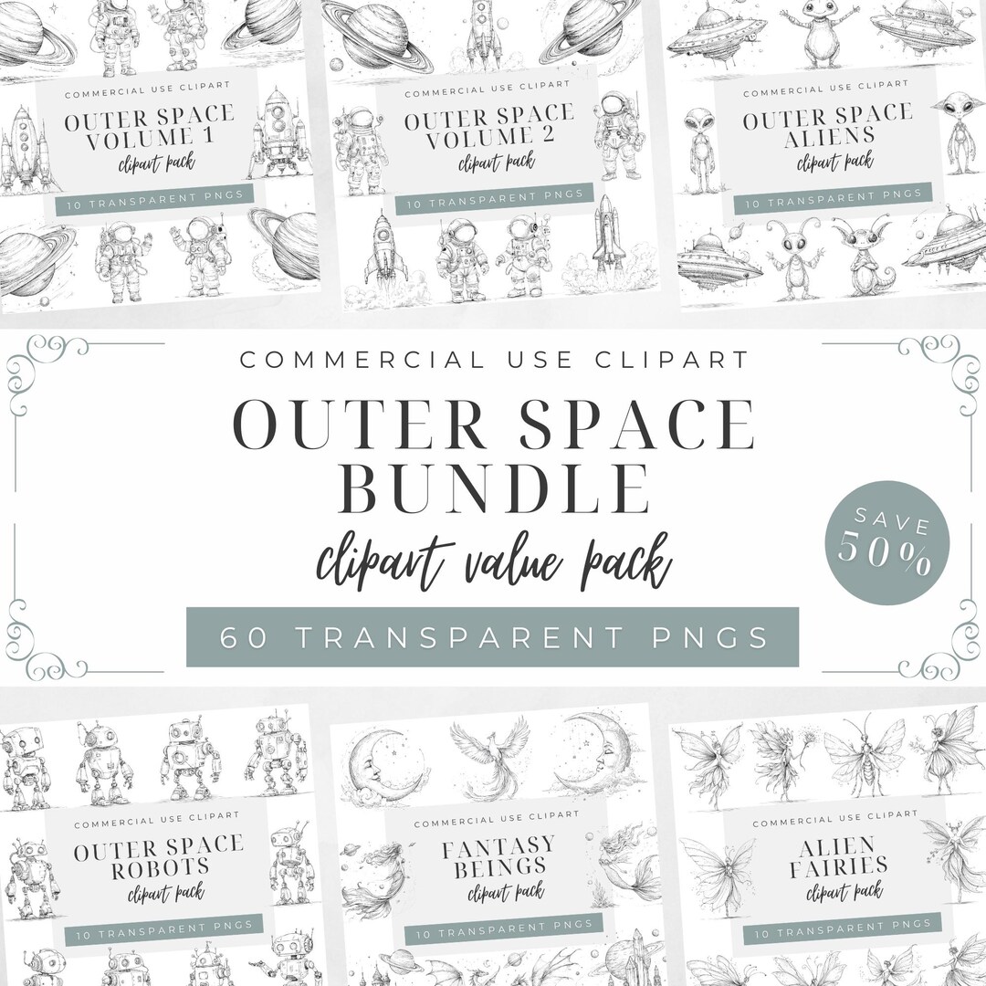 Outer Space Clipart Bundle, Galaxy Alien Robot and Astronaut Pngs ...
