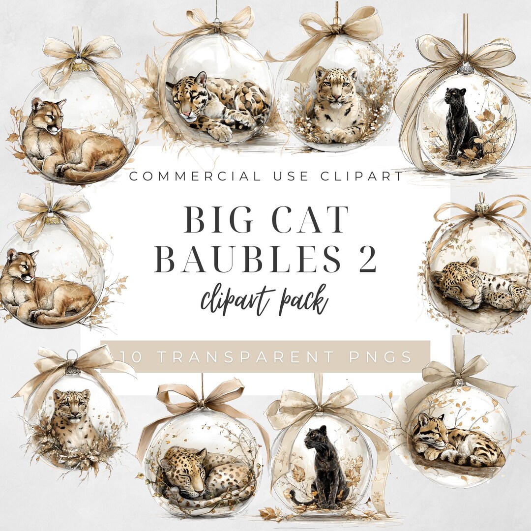 Big Cat Xmas Bauble Clipart Set, Wild Cat Christmas Ornament Pngs ...