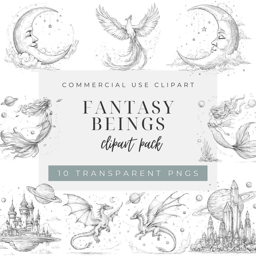 Fantasy Beings Clipart, Celestial Line Art Pngs for Making Coloring ...