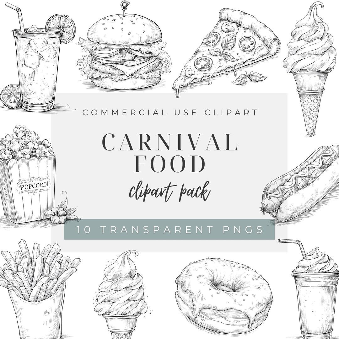 Carnival Food Clipart Pack, Black and White Line Art With Pizza, Burger ...