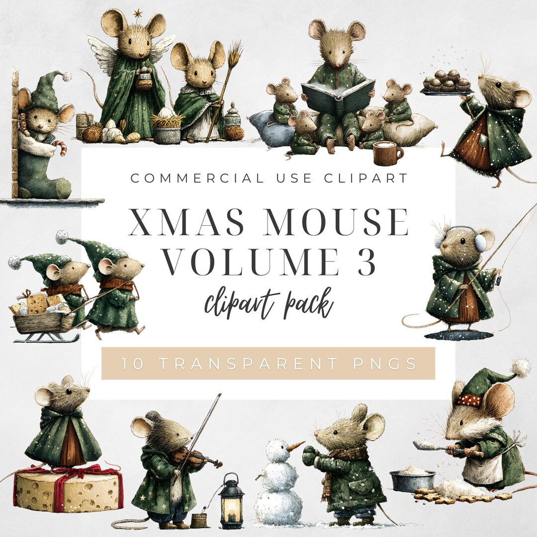 Christmas Mouse PNG Set, Whimsical Holiday Clipart Collection, Cozy ...