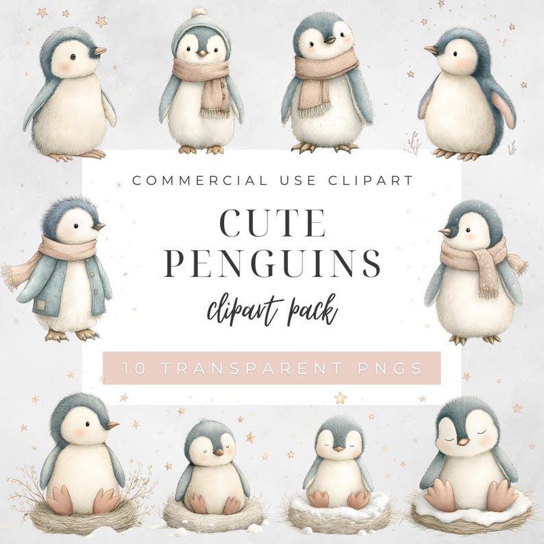 Cute Penguin Clipart Pack, Winter Penguin PNG Bundle, Baby Penguin ...