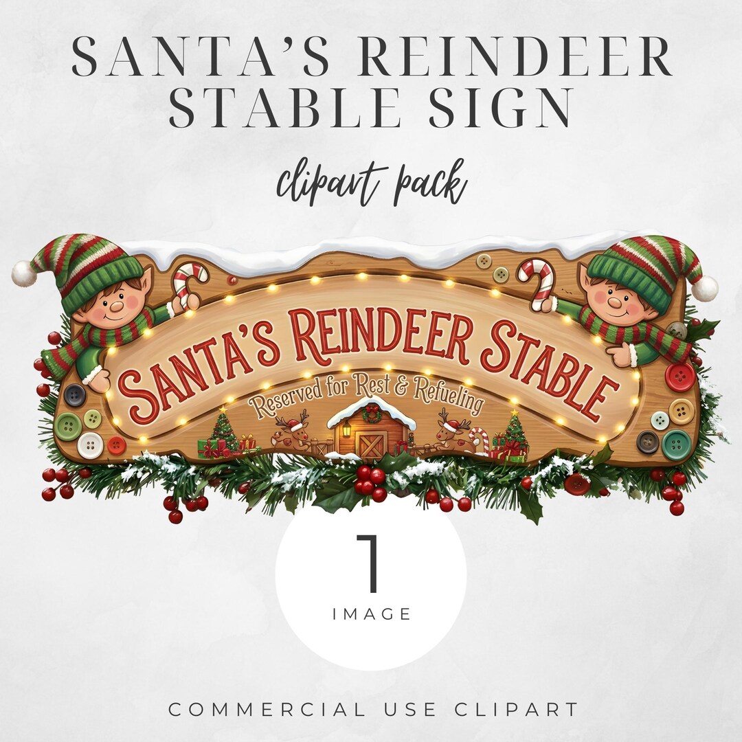 Santa’s Reindeer Stable Sign Clipart, Childrens North Pole Reindeer PNG ...