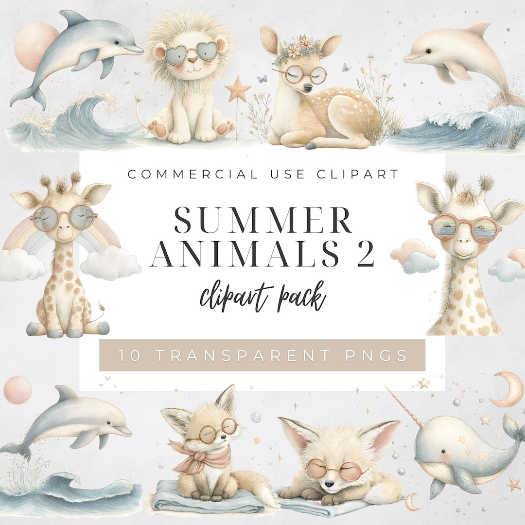 Summer Animals Clipart Pack, Cute Beach Animal Pngs, Dolphin Lion ...