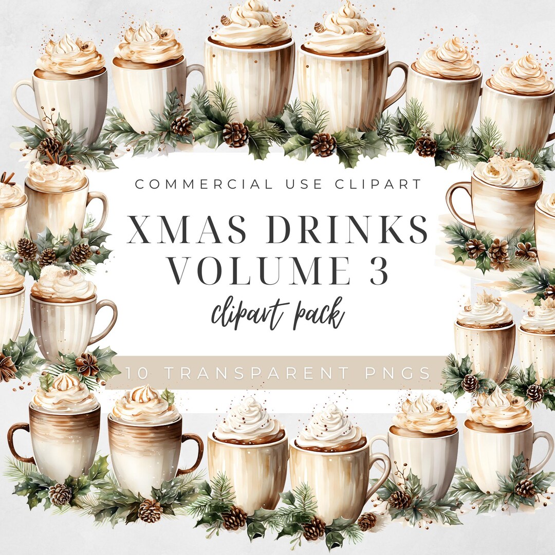 Christmas Drinks Clipart Set, Festive Hot Cocoa and Latte Pngs With ...