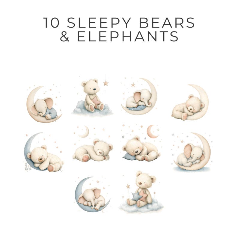 Sleepy Bears & Elephants Clipart Pack, Cute Bedtime Animal Pngs, Pastel ...