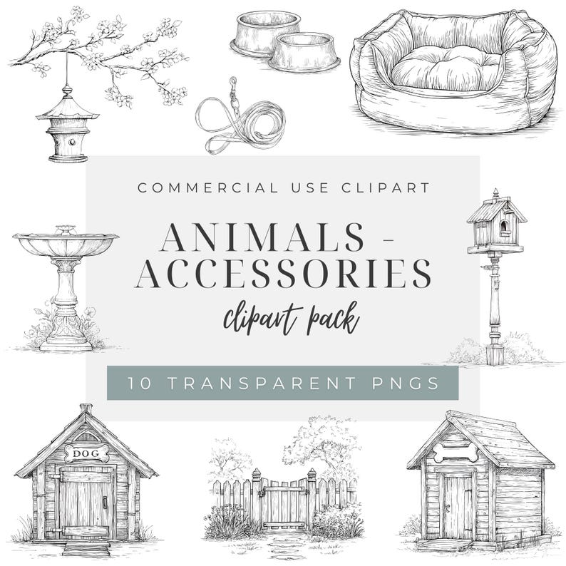 Animals Clipart Bundle, Vintage Pet & Wildlife Line Art Pngs for Making ...