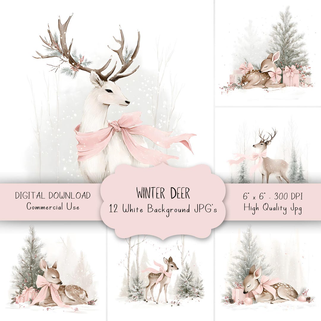 Elegant Winter Deer Illustrations, Soft Snowy Woodland Deer With Pink ...
