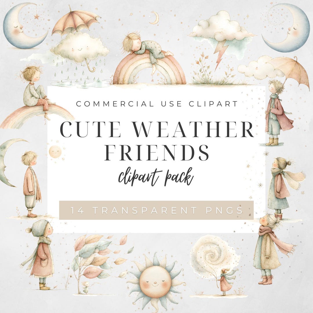 Cute Weather Friends Clipart Set, Whimsical Kids Weather Pngs, Soft ...