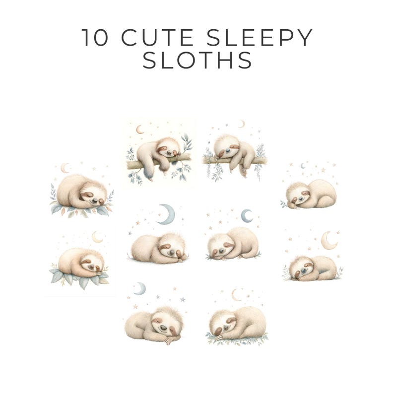 Cute Sleepy Sloths Clipart Pack, Baby Sloth Pngs With Moons and Stars ...
