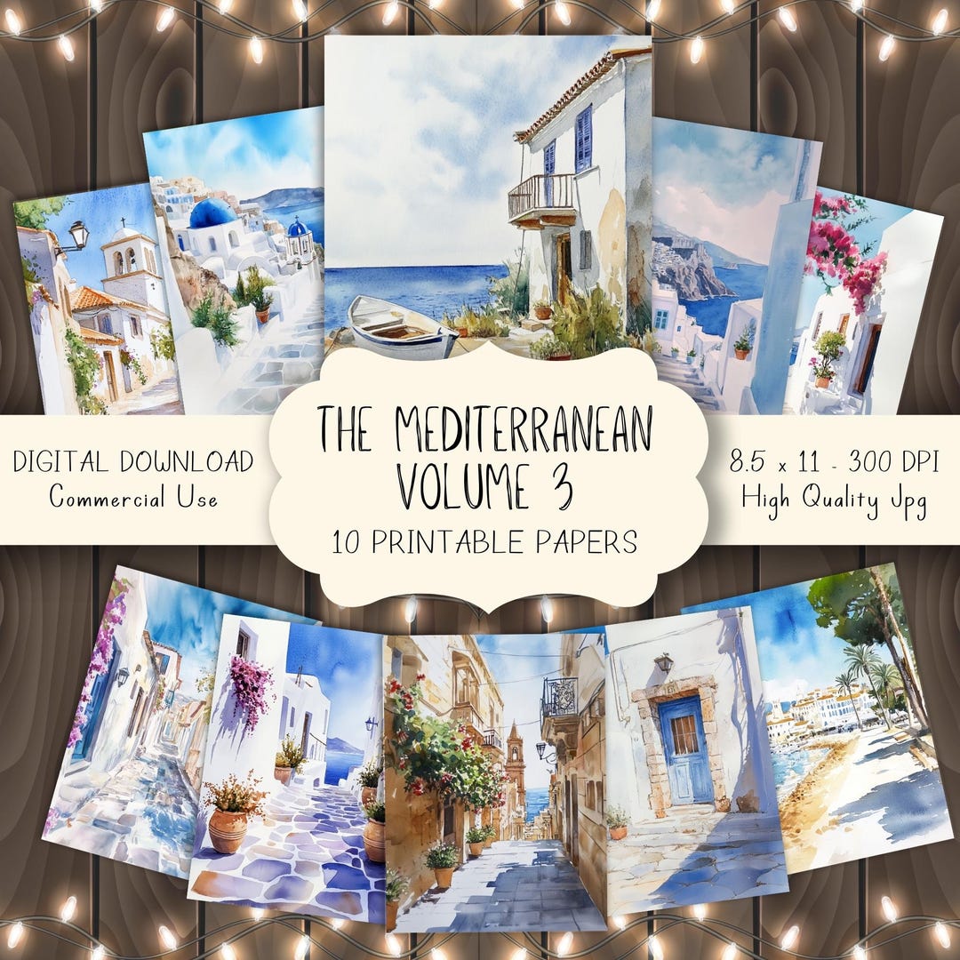 Mediterranean Printable Papers, Coastal Greece Seaside Streets, Blue ...
