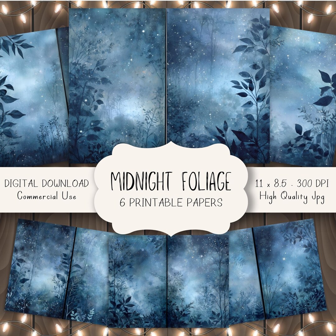Midnight Foliage Printable Paper Pack, Dark Blue Night Forest ...