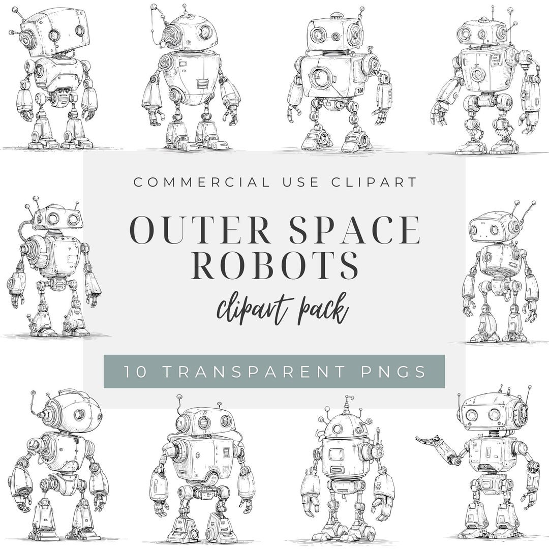 Outer Space Robots Clipart, Robot Line Art Pngs for Making Coloring ...